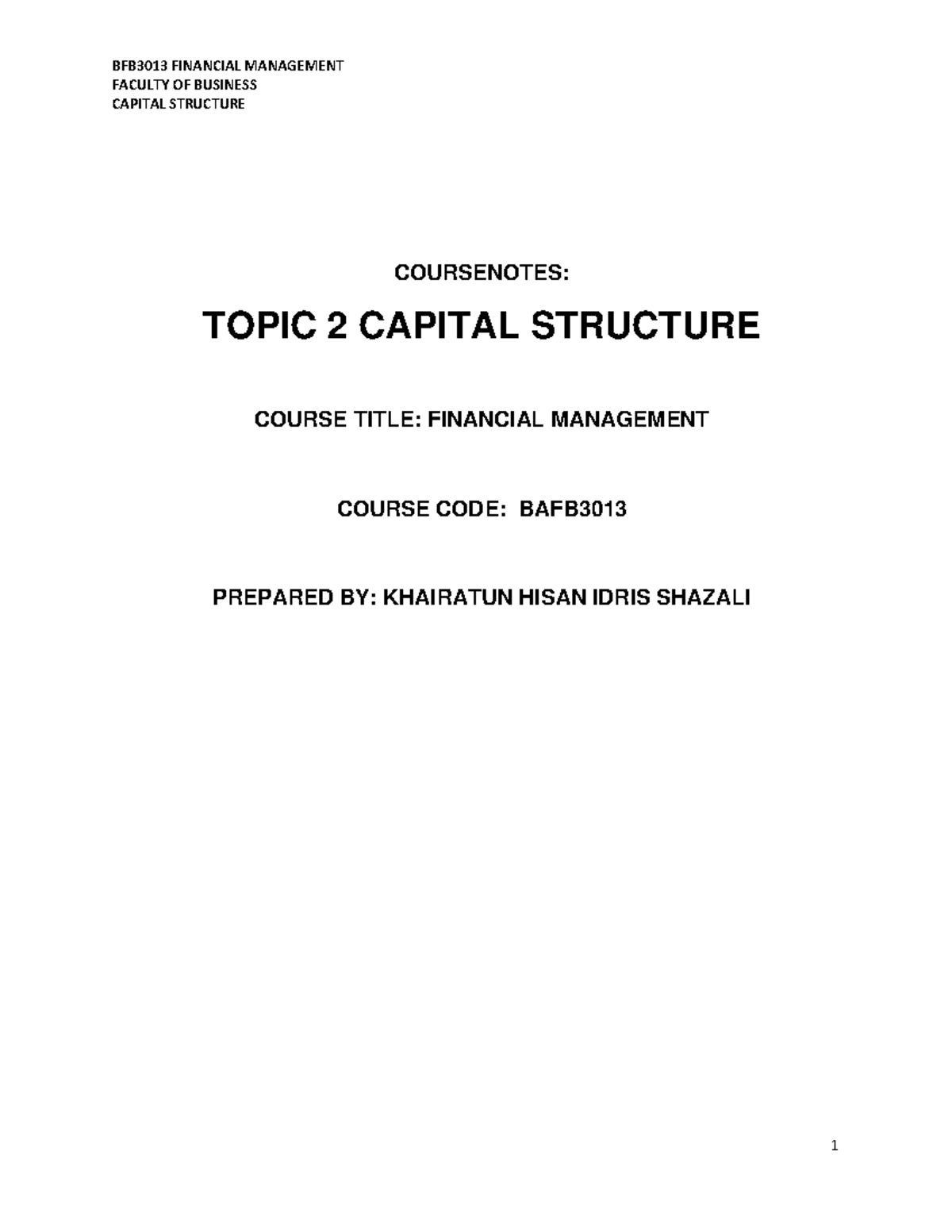 BAFB Financial Management Course Notes: Topic 2 - Capital Structure ...
