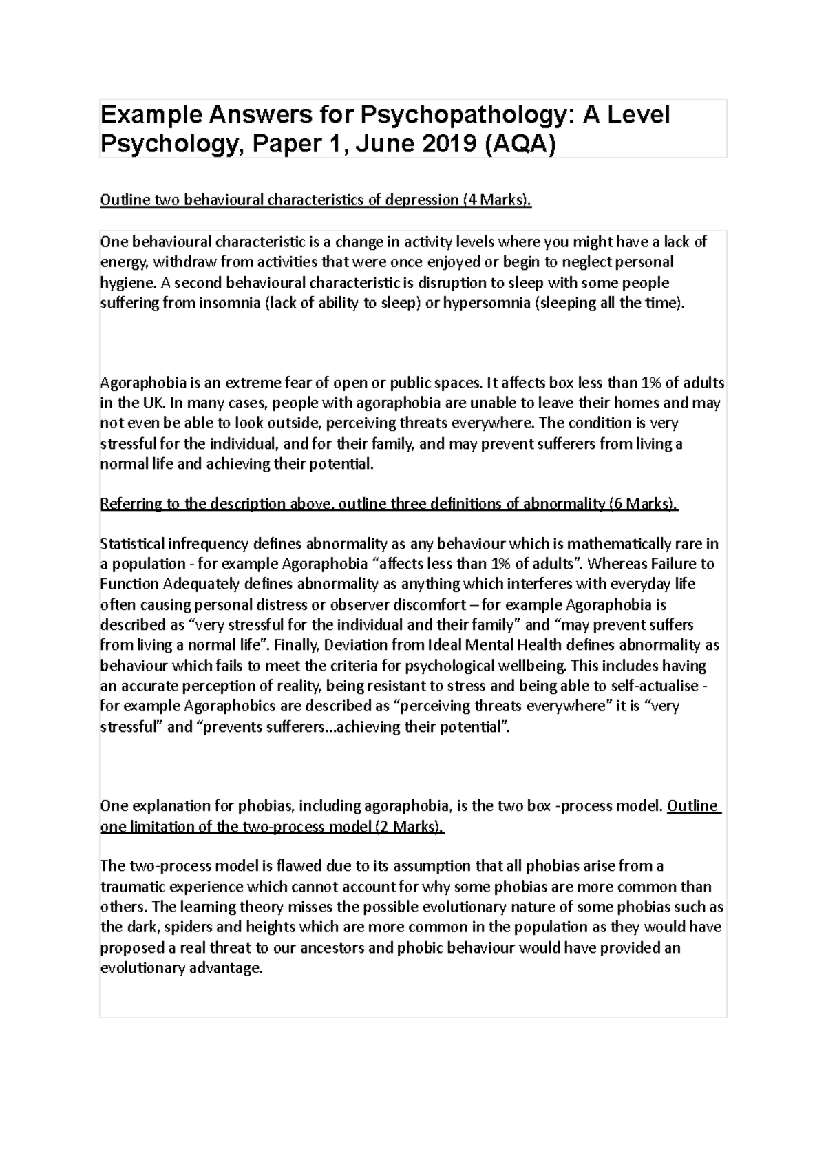 Example Answers for Psychopathology - A Level Psychology, Paper 1 (AQA ...