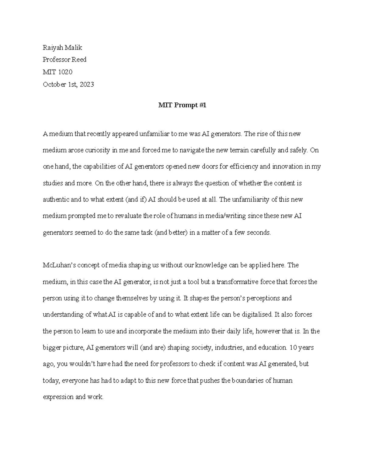 MIT 1020 Essay Notes: The Impact of AI Generators on Media - Studocu
