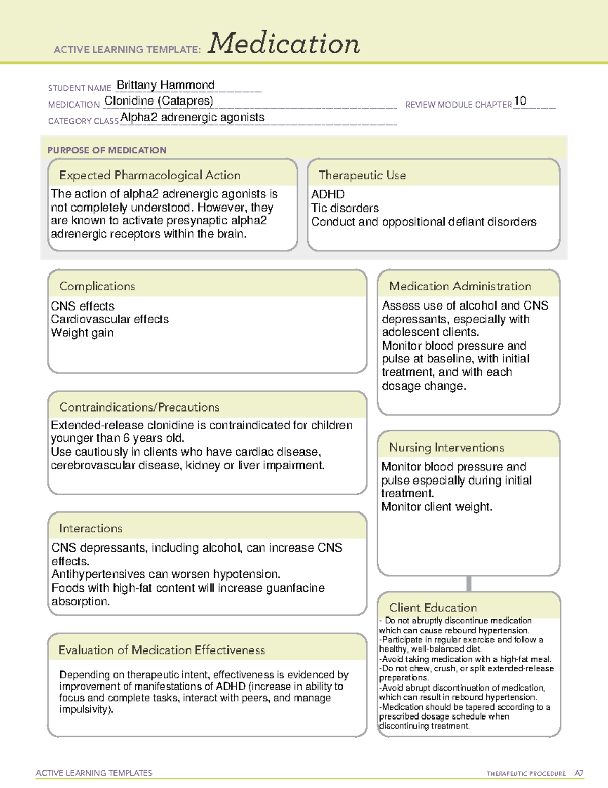 Clonidine DOne - ATI - ACTIVE LEARNING TEMPLATES TherapeuTic procedure ...