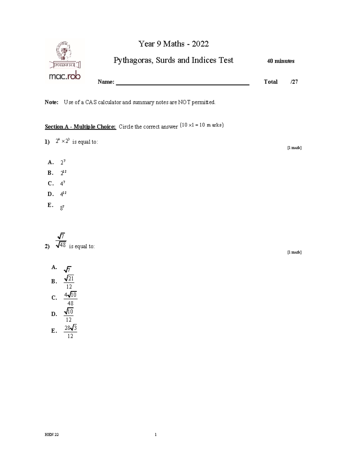 Year 9 Maths: Pythagoras, Surds & Indices Test 2022 - Studocu