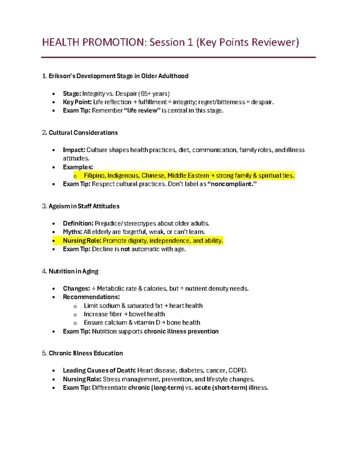 Health Promotion: Session 1 Key Points on Aging & Nursing Care - Studocu