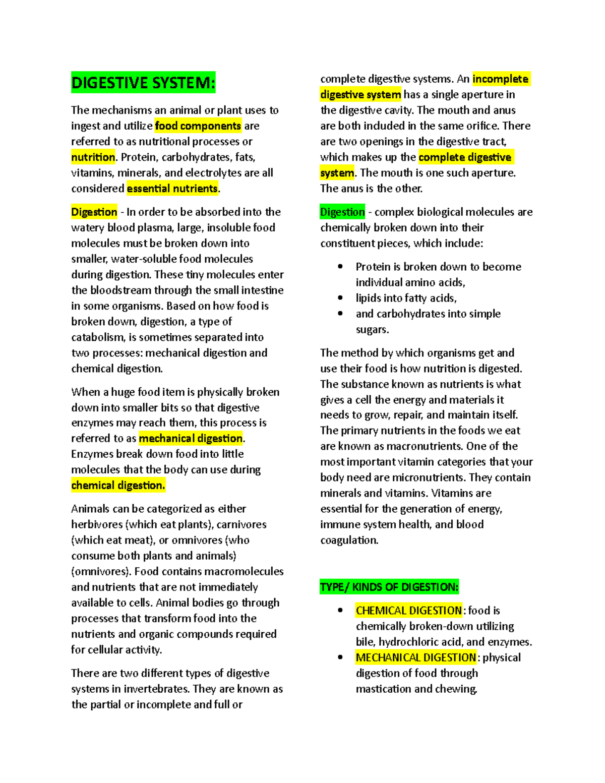 Notes on the Digestive System of Animals - DIGESTIVE SYSTEM: The ...