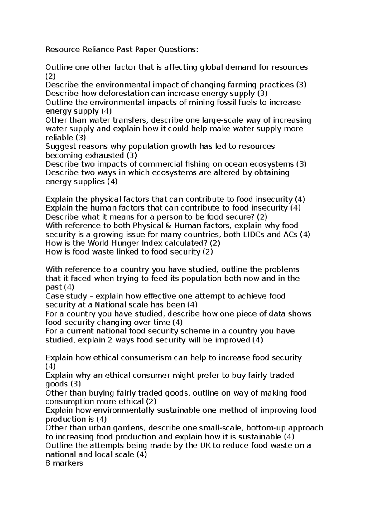Resource Reliance Past Paper Qs: Environmental & Food Security Issues ...