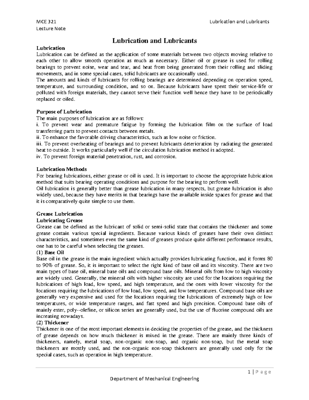Lecture Note on Lubrication and Lubricants ME 303 - Studocu
