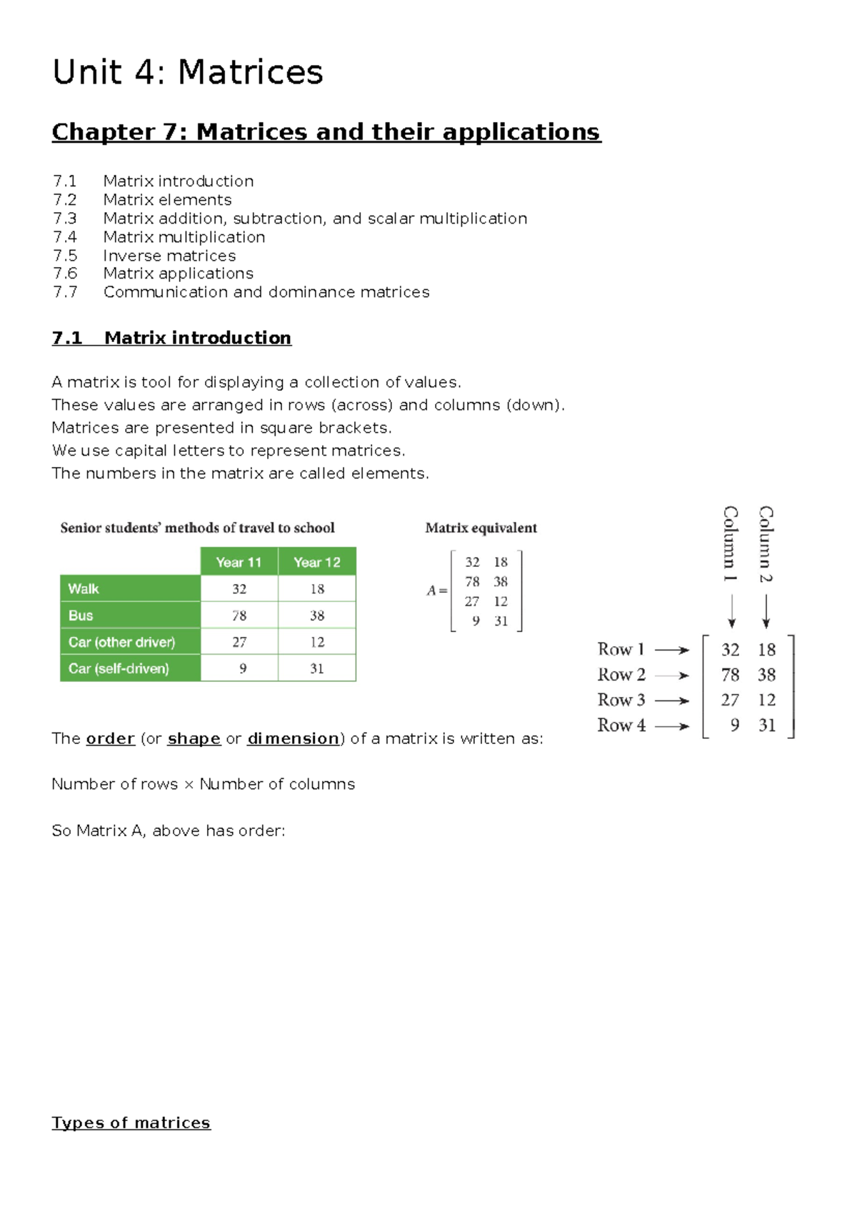 Chapter 7: Matrices and Their Applications (Unit 4) - Study Notes - Studocu