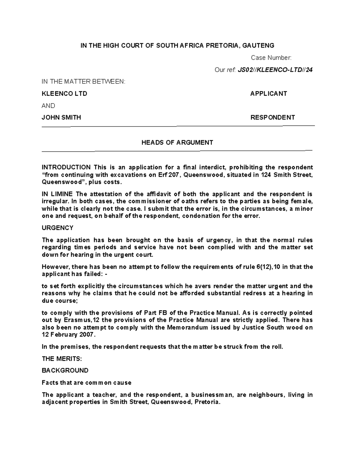 Notice of Heads of Argument - IN THE HIGH COURT OF SOUTH AFRICA ...