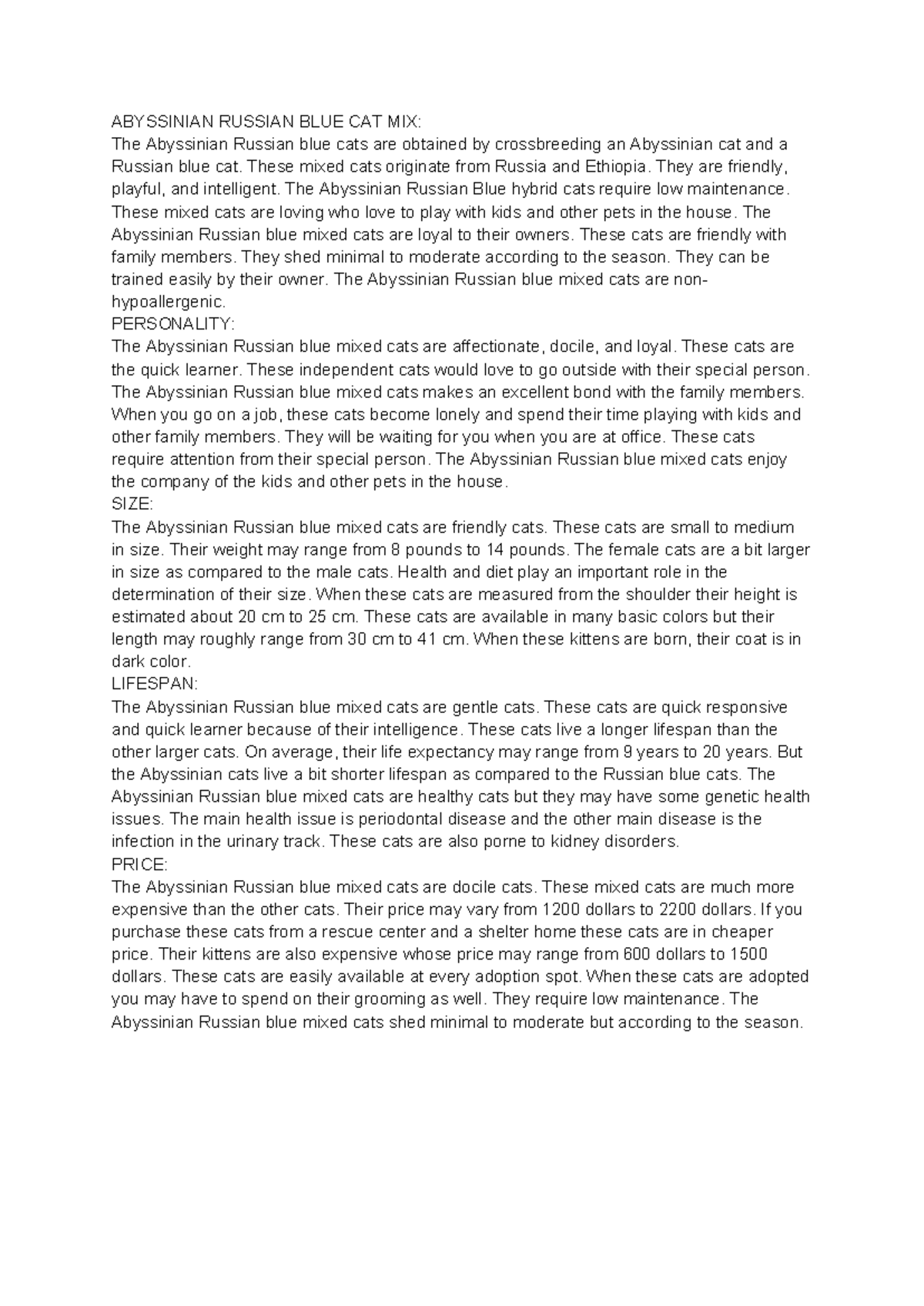 Abyssinian Russian Blue Cat Mix: Characteristics, Care & Pricing - Studocu