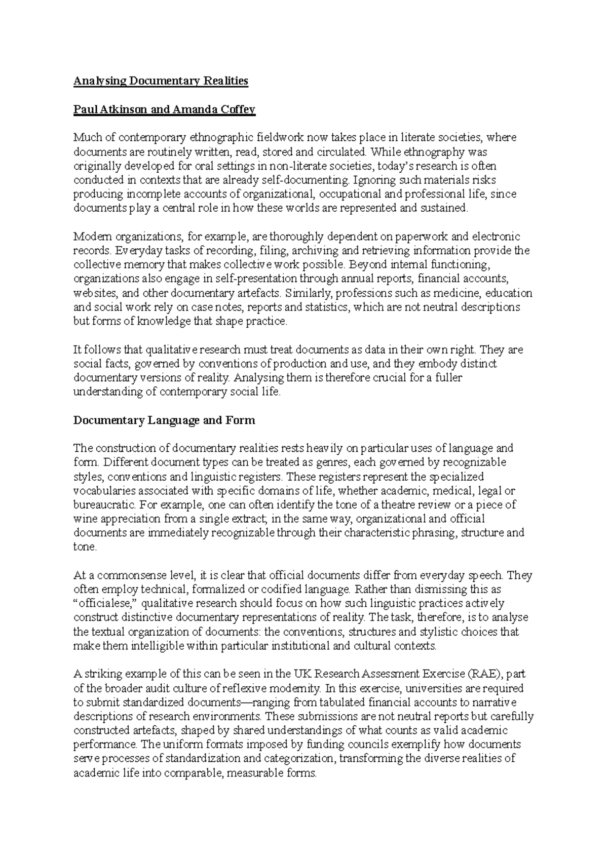 Analyzing Documentary Realities in Ethnographic Research - Studocu