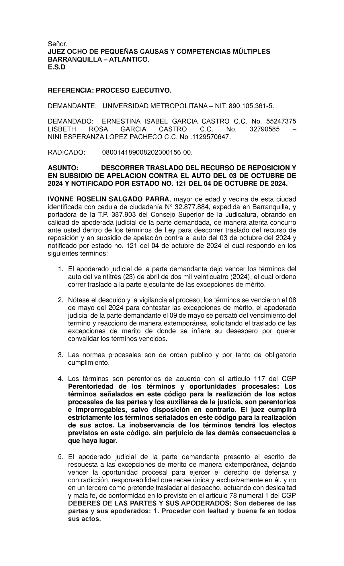 Recurso de Reposición: Descorrer Traslado - Proceso Ejecutivo No ...