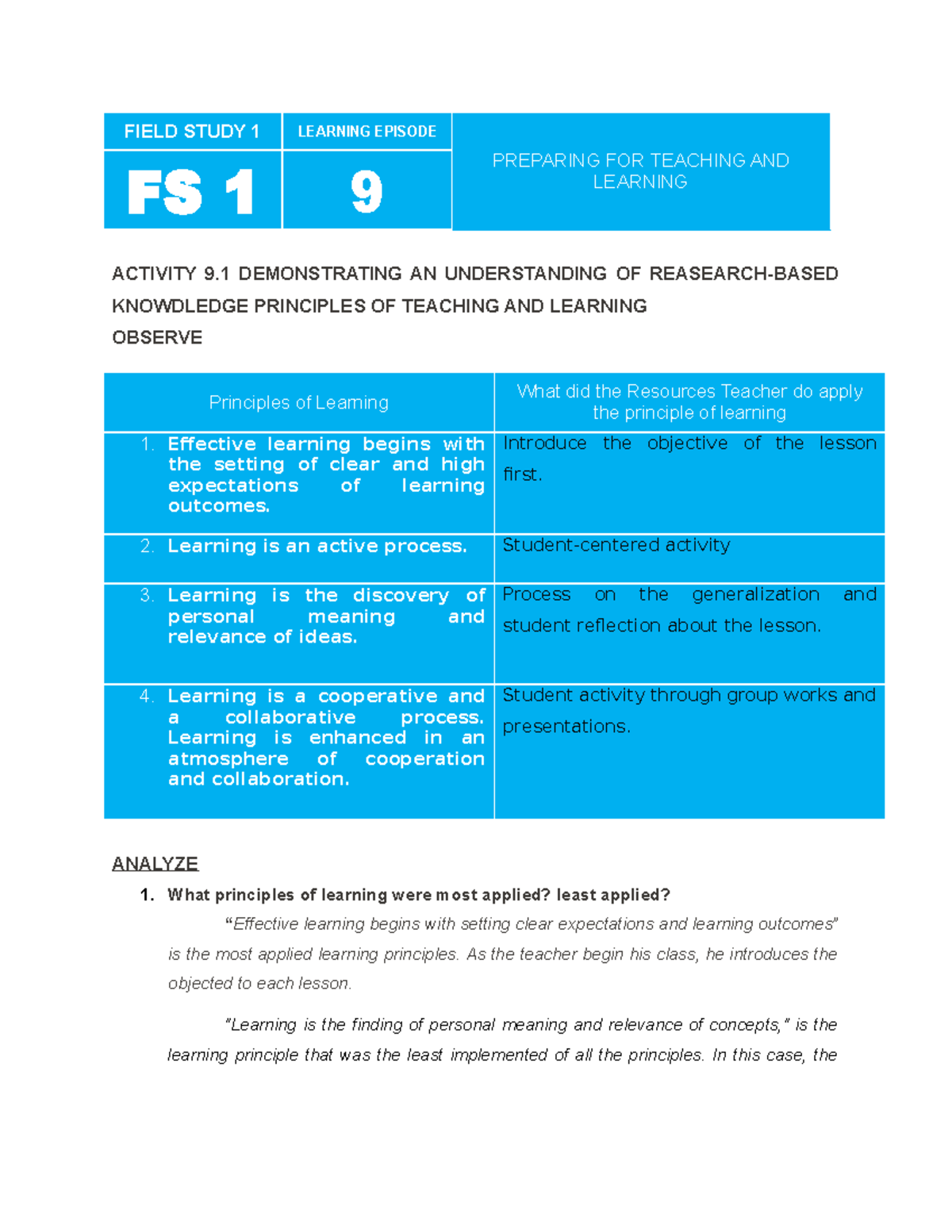 Field Study 1: Episode 9 - Principles of Teaching & Learning Analysis ...