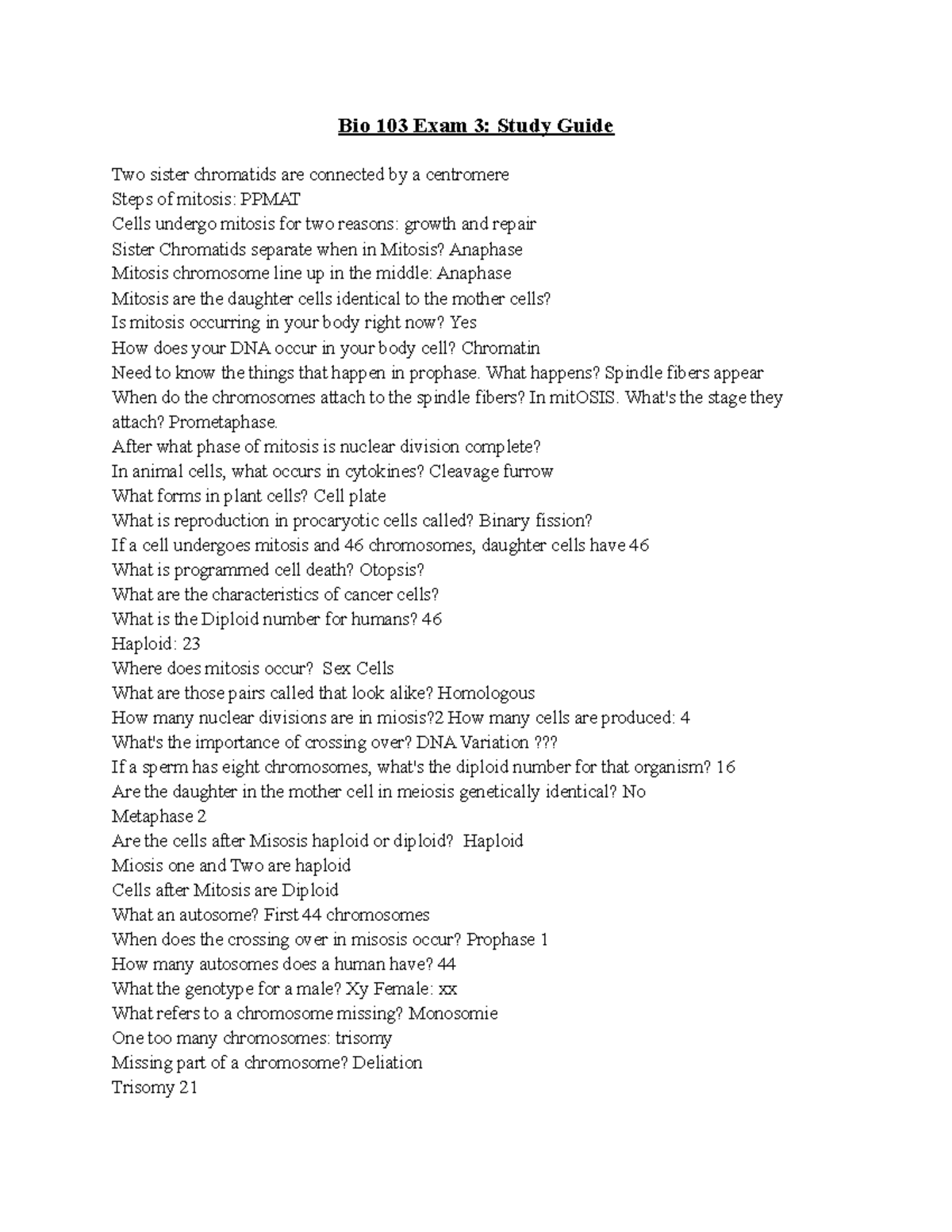 Bio 103 Exam 3 Mitosis & Meiosis Study Notes - Studocu