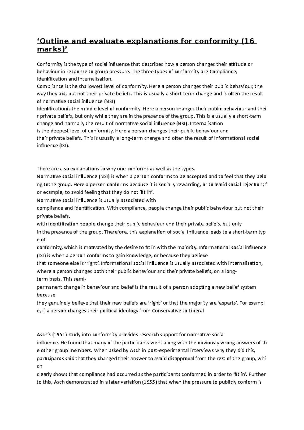 Conformity Explanations: Detailed 16 Mark Outline & Evaluation - Studocu