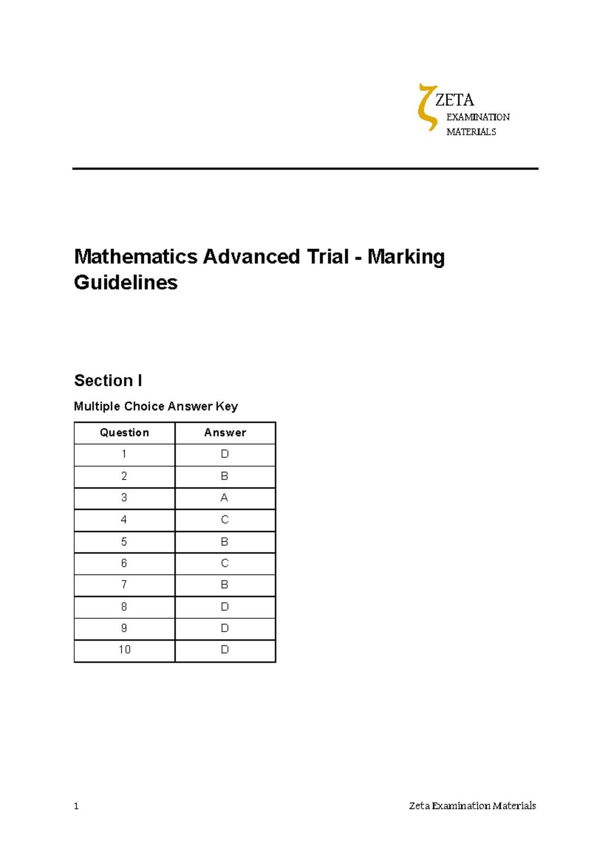ZETA Advanced Math - Marking Scheme for Trial Examination - Studocu