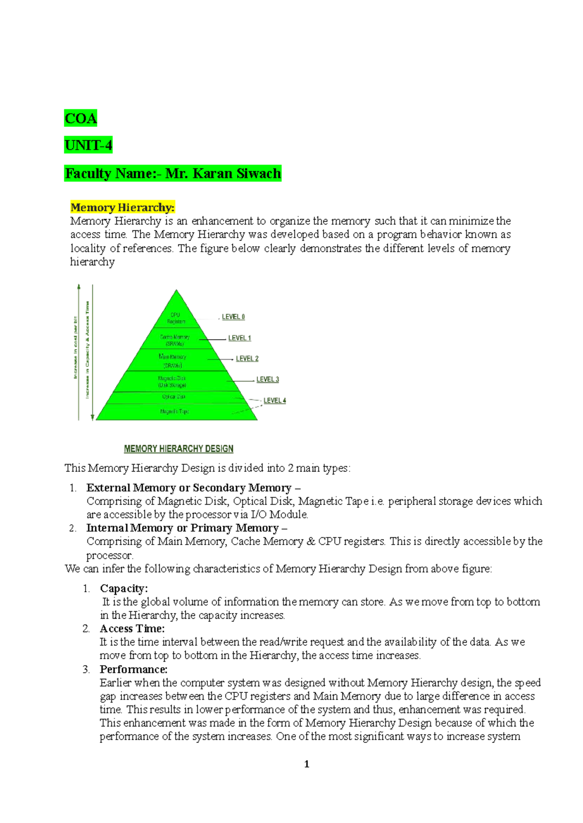 COA 4: Memory Hierarchy Design and Its Impact on Performance - Studocu