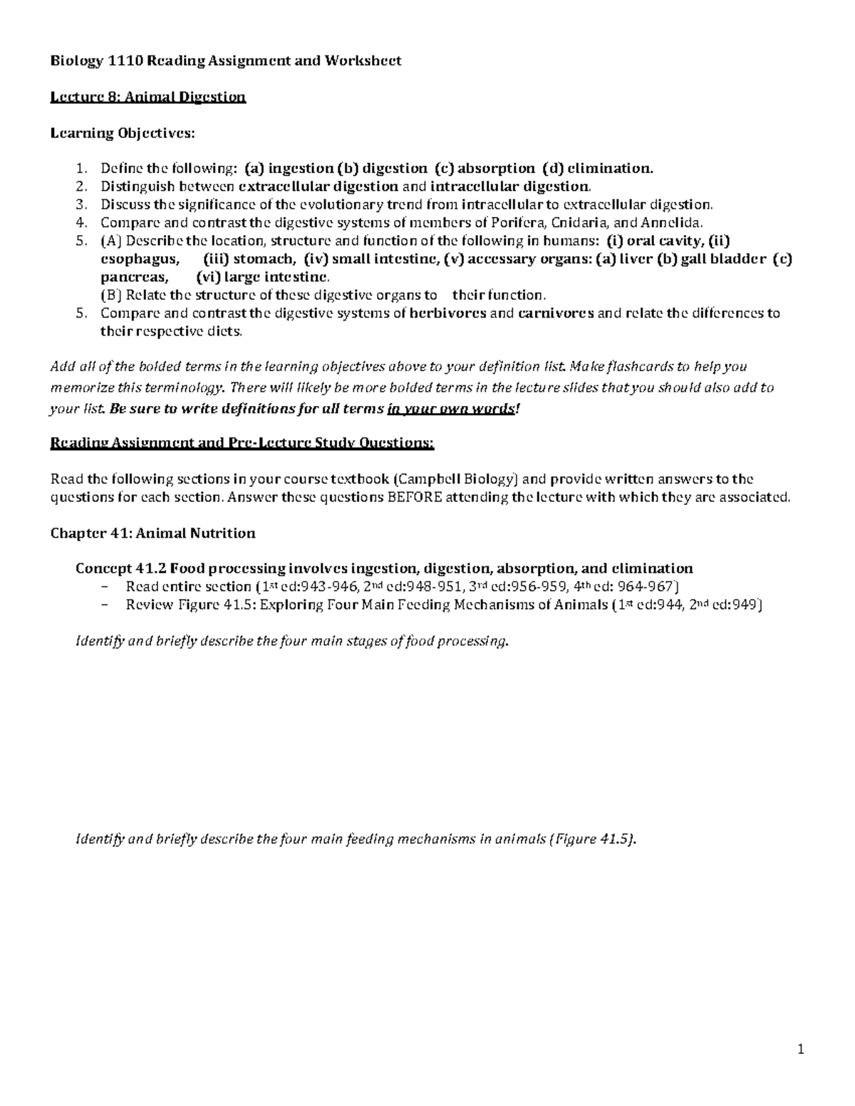 Biology 1110 Lecture 8: Animal Digestion Worksheet - Studocu