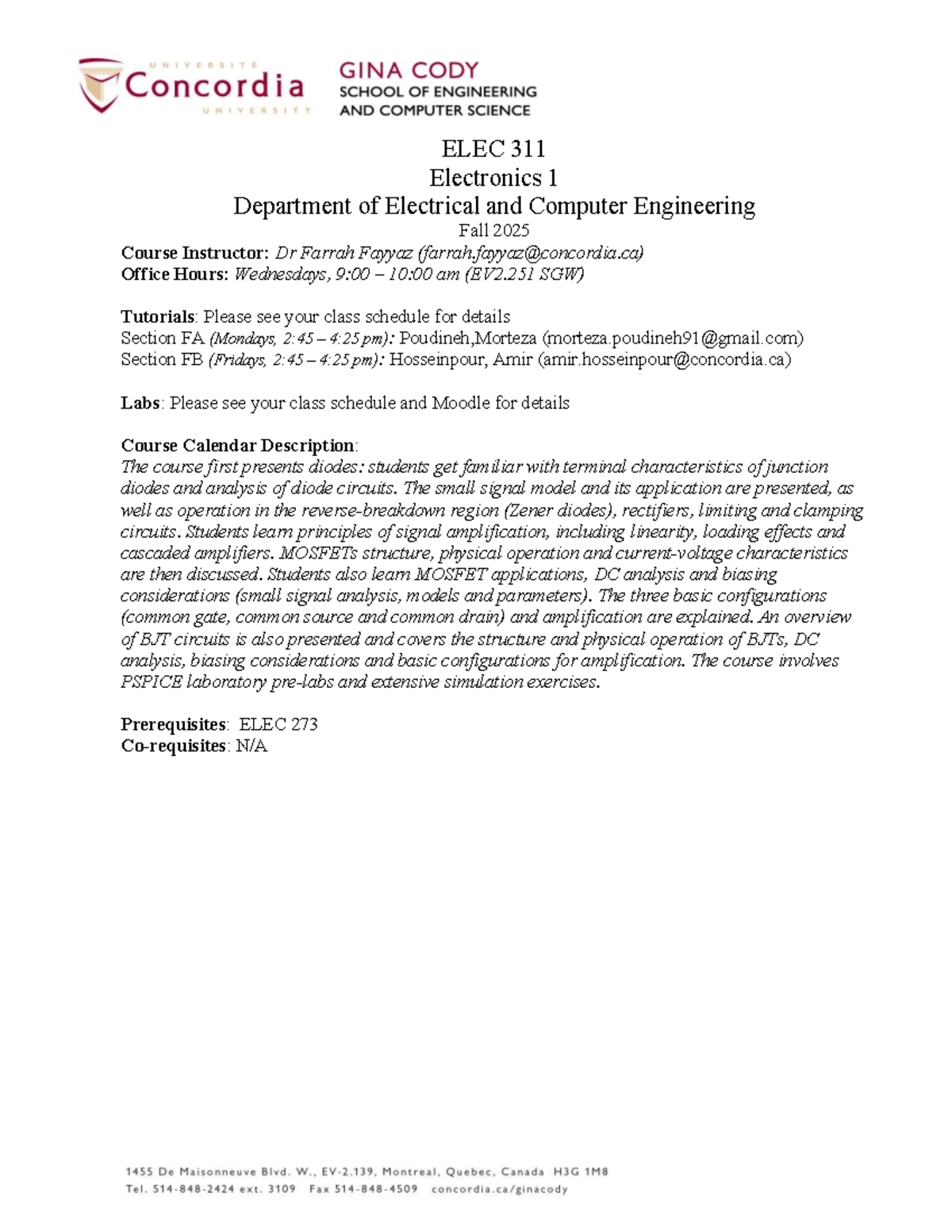 ELEC 311 Course Outline: Electronics 1 - Fall 2025 - Studocu