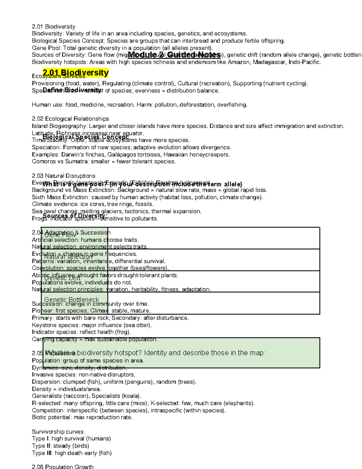 APES 2.01-2.08 Comprehensive Module 2 Guided Notes on Biodiversity and ...