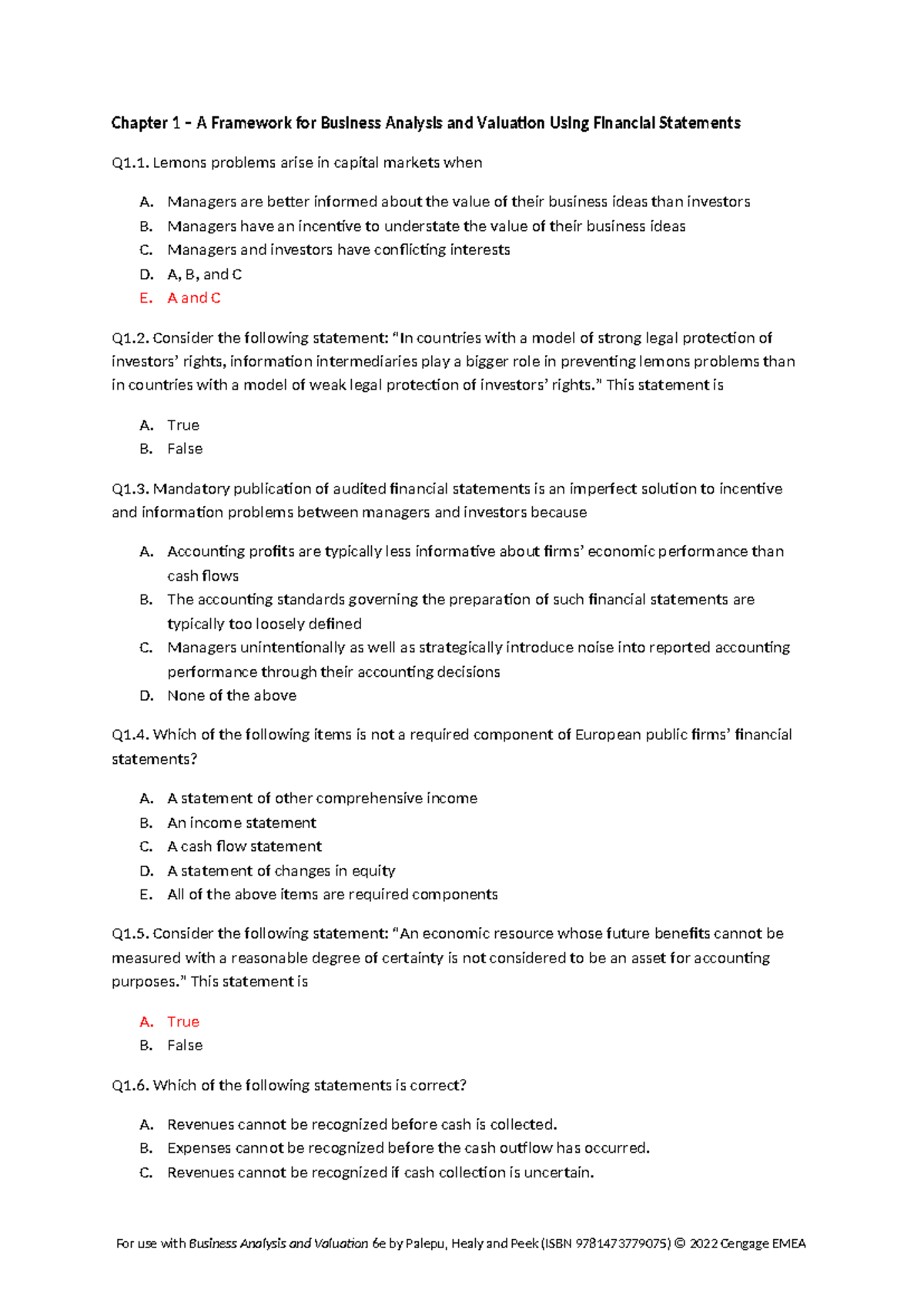 Business Analysis & Valuation (FIN-101) Chapter 1 Test Bank Questions ...