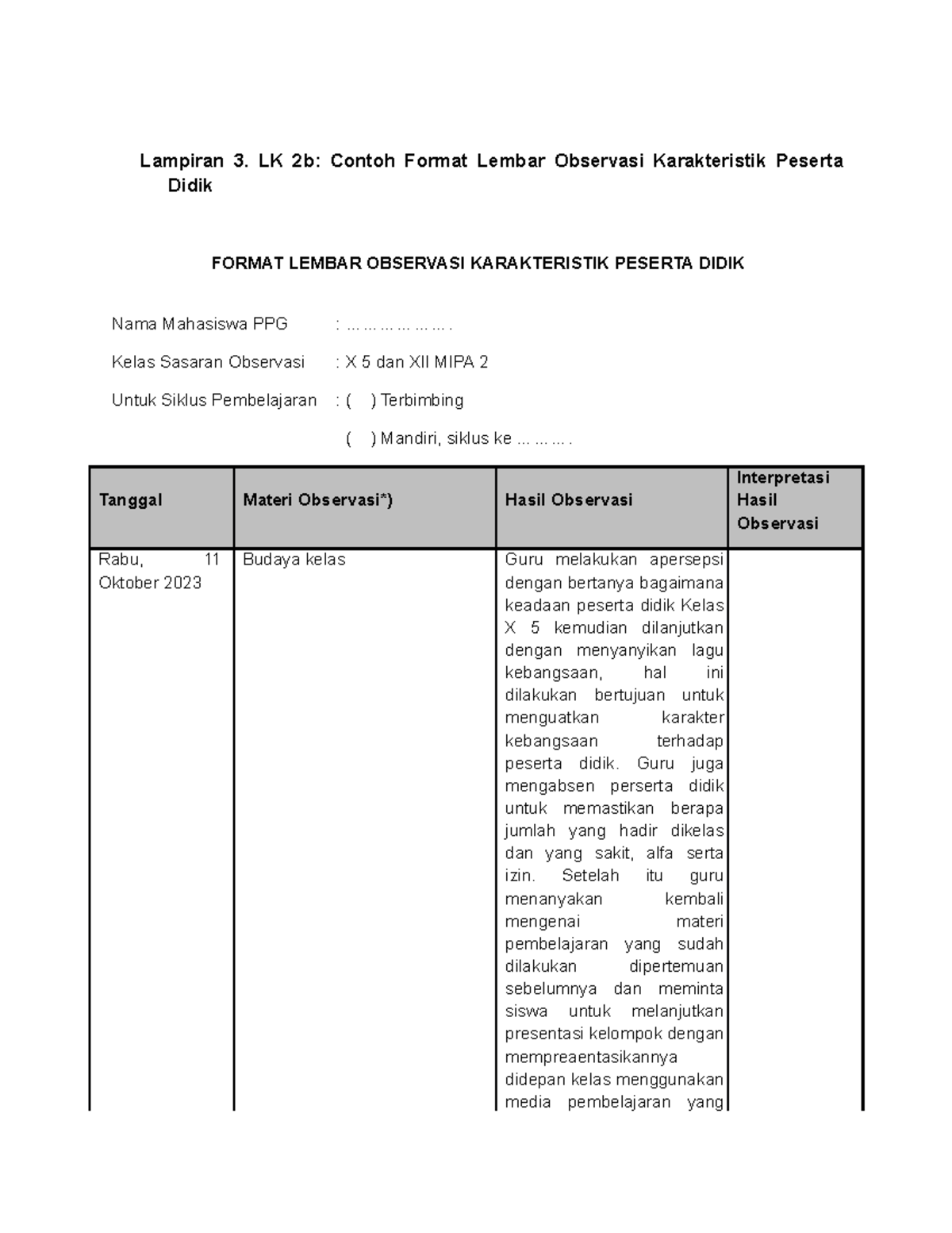 Lampiran 3. LK 2b Contoh Format Lembar Observasi Karakteristik Peserta ...