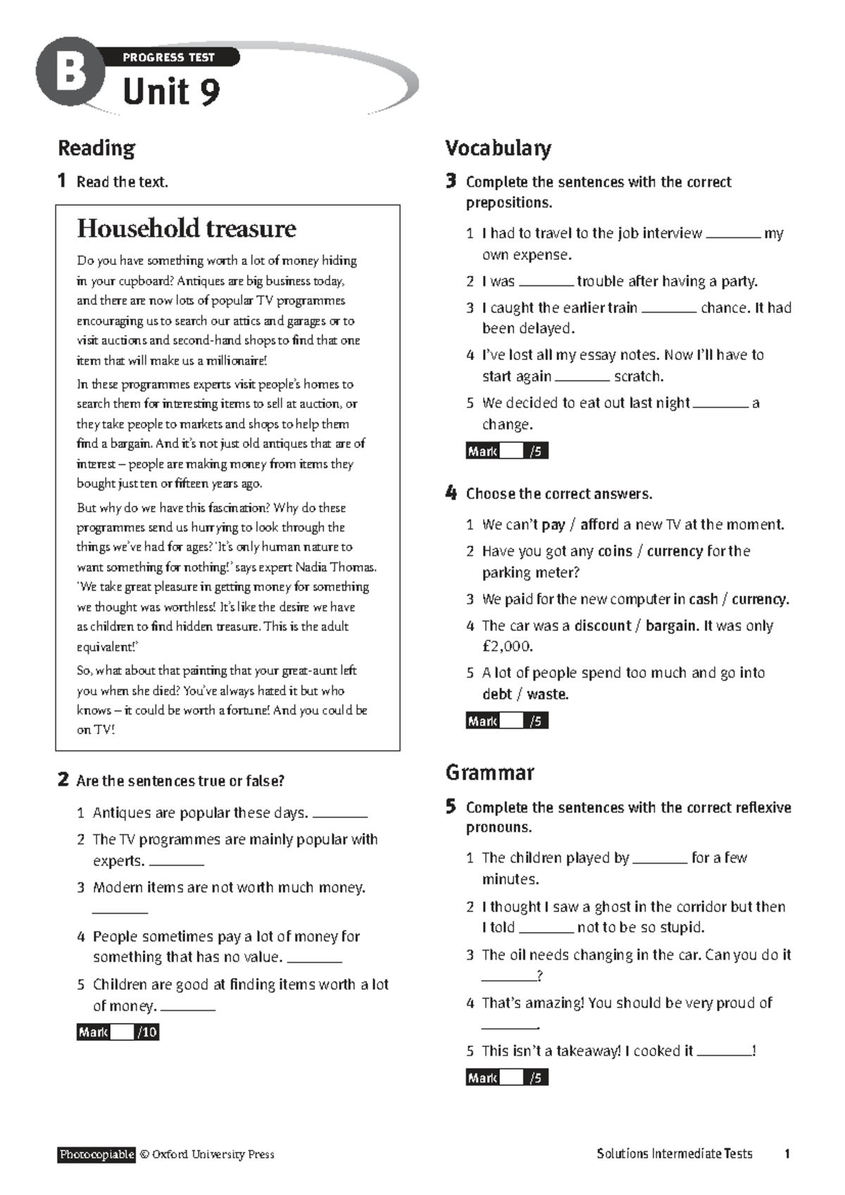 Sol Int Progresstest 9B: Reading & Vocabulary Practice - Studocu