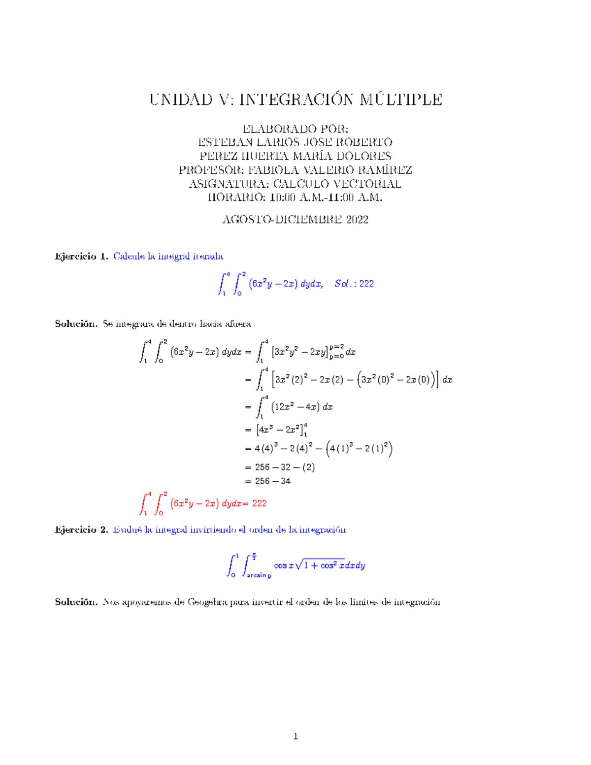 Unidad 5: Ejercicios de Integración Múltiple en Cálculo Vectorial - Studocu