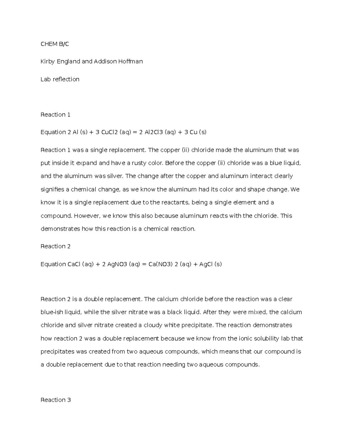 CHEM BC - Lab Reflection on Chemical Reactions and Equations - Studocu