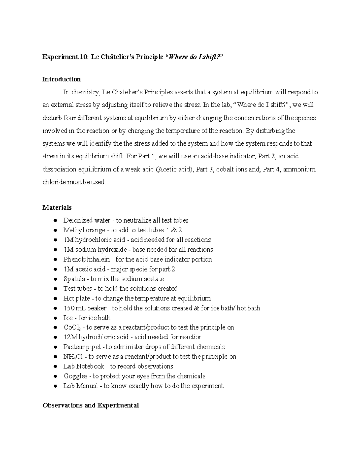 Lab 10 - lab report for experiment 10 - Experiment 10: Le Châtelier’s Principle “Where do I ...