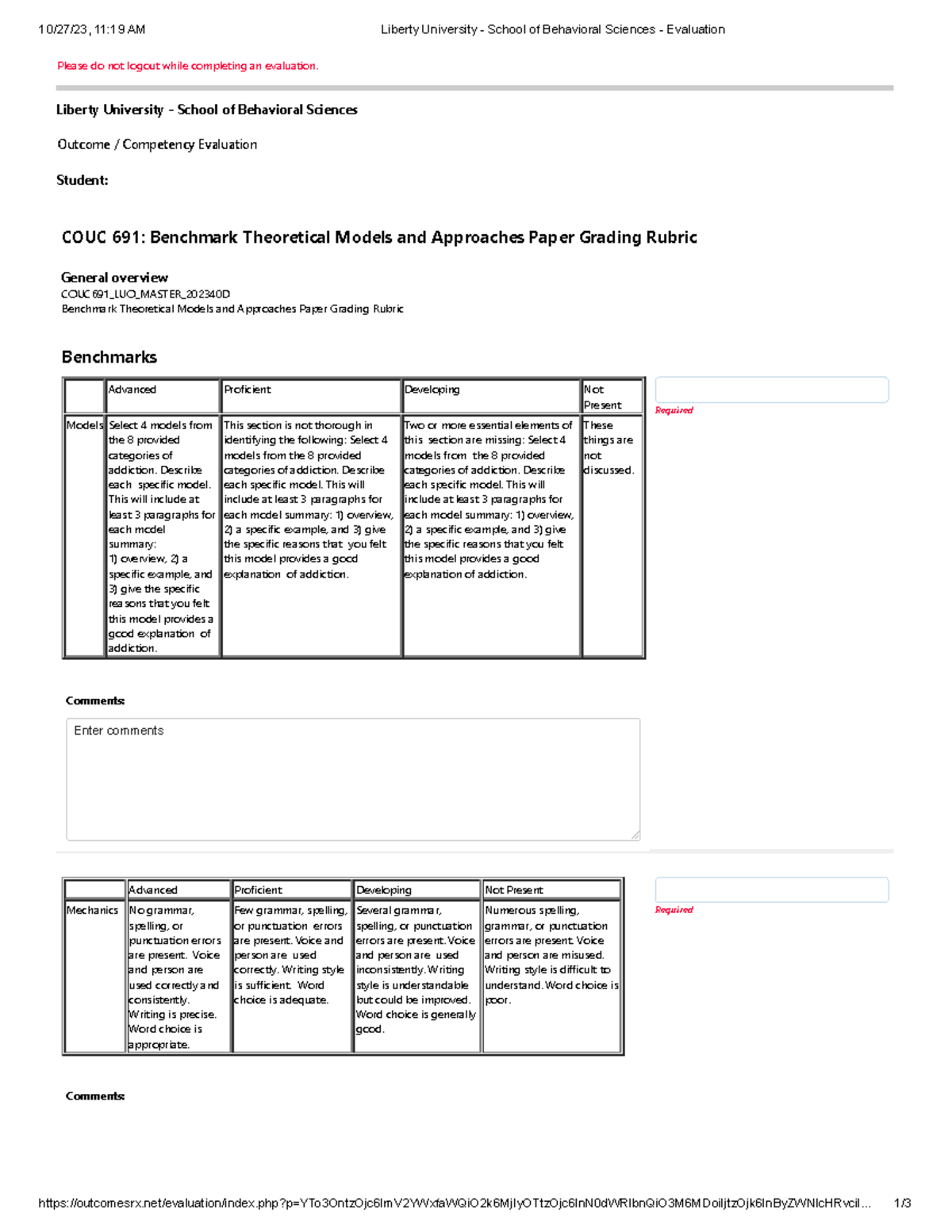 COUC 691: Theoretical Models & Approaches Grading Rubric Summary - Studocu