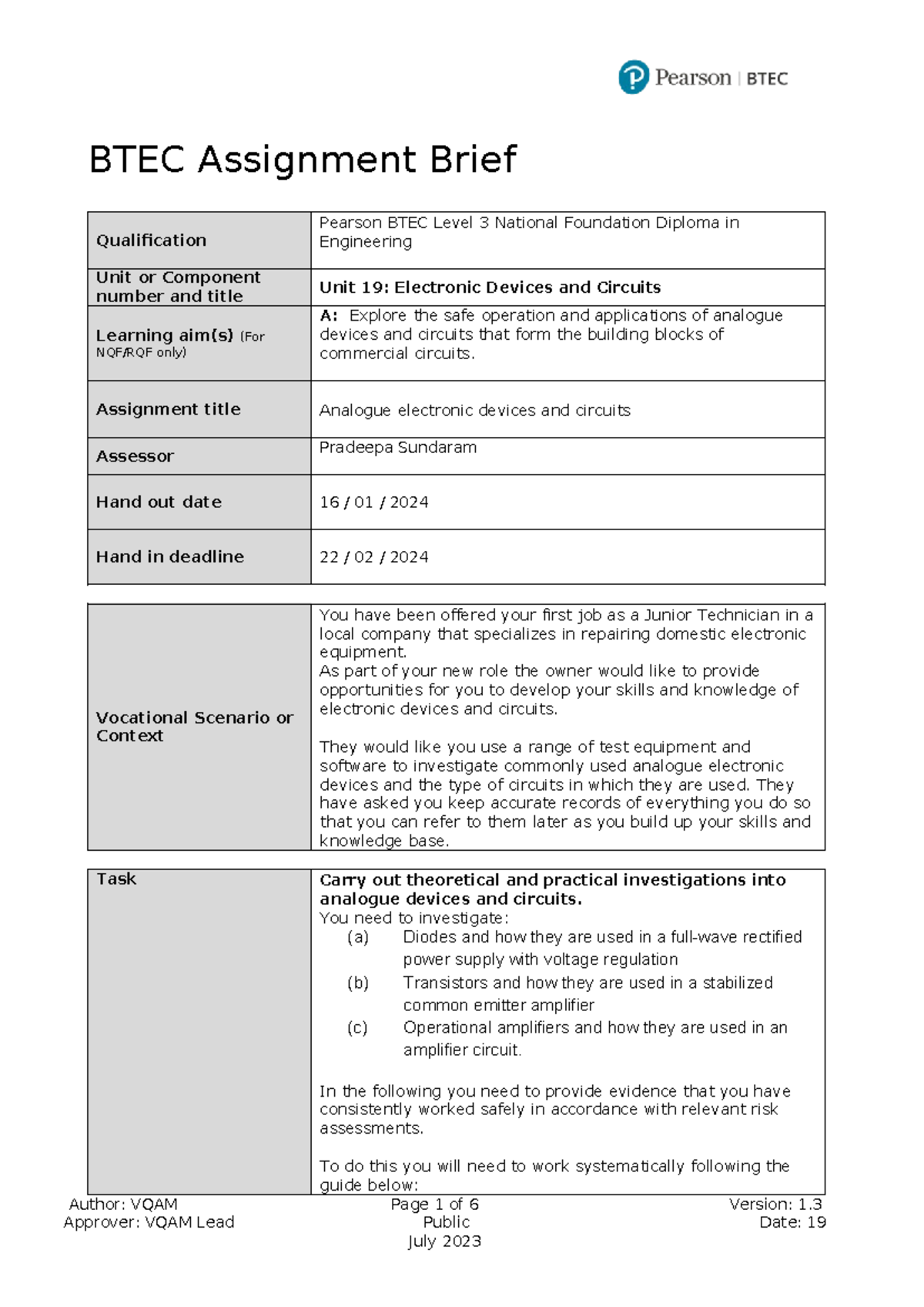 Unit 19: Assignment 1 - Analogue Devices & Circuits (2023-2024) - Studocu
