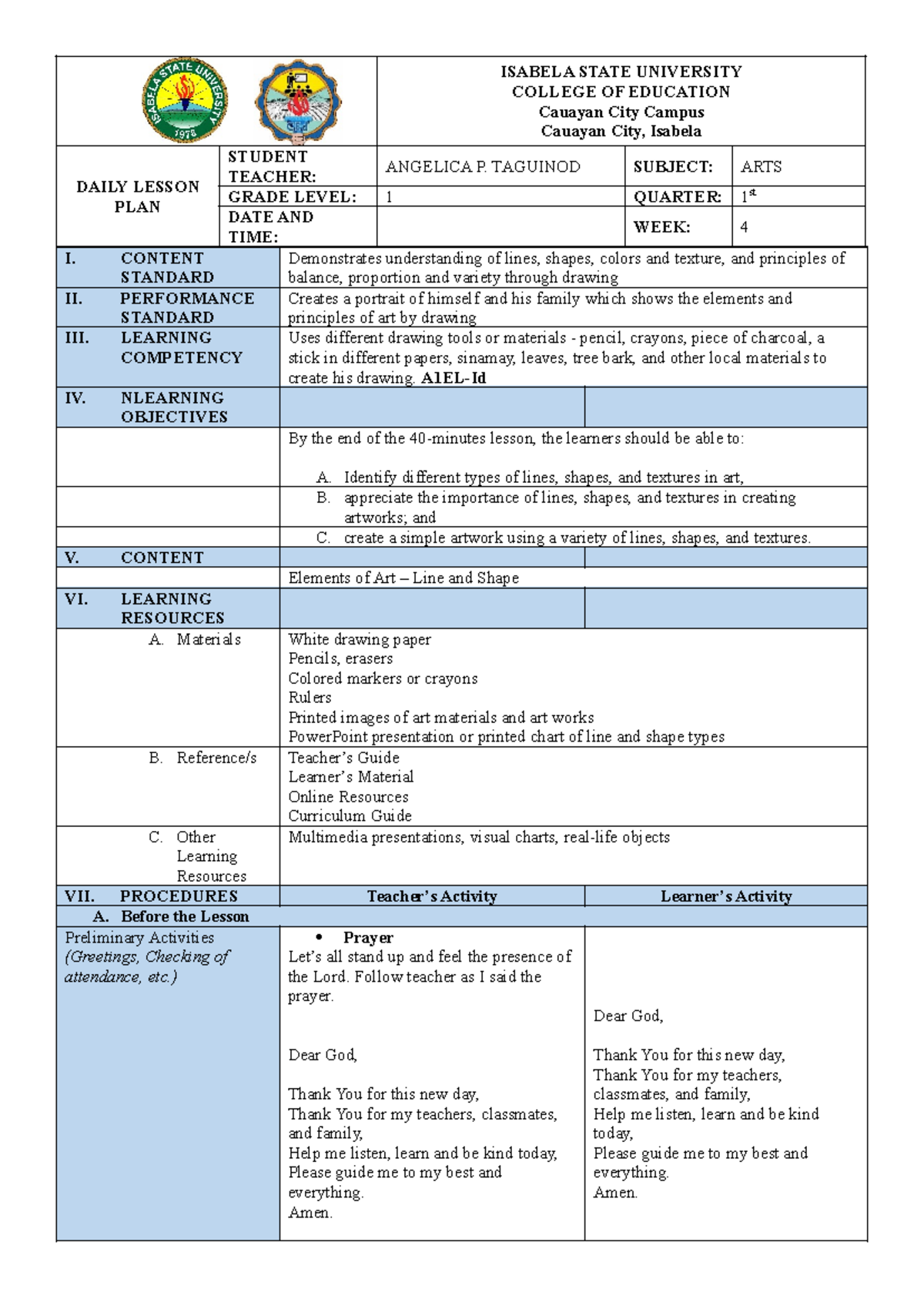 ARTS LP 1 - Daily Lesson Plan for Grade 1: Lines, Shapes, and Textures ...