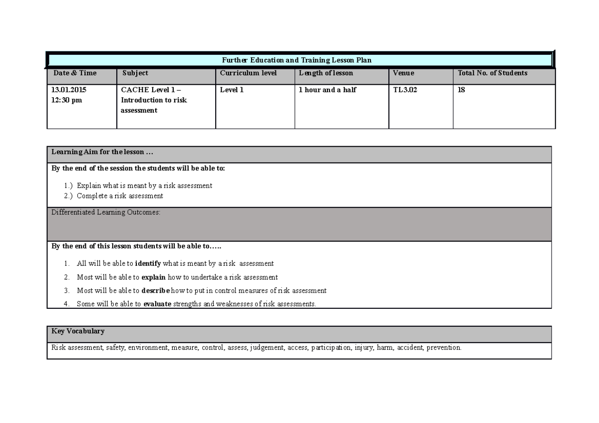 CACHE Level 1 Lesson Plan: Risk Assessment Strategies and Outcomes ...
