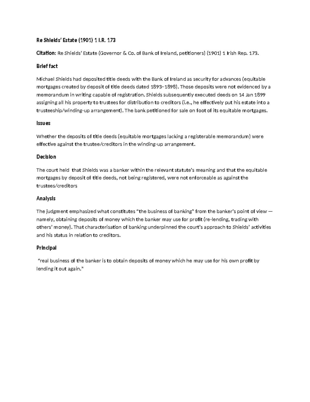 Re Shields' Estate Case Study (1901) 1 I.R. 173 Analysis - Studocu