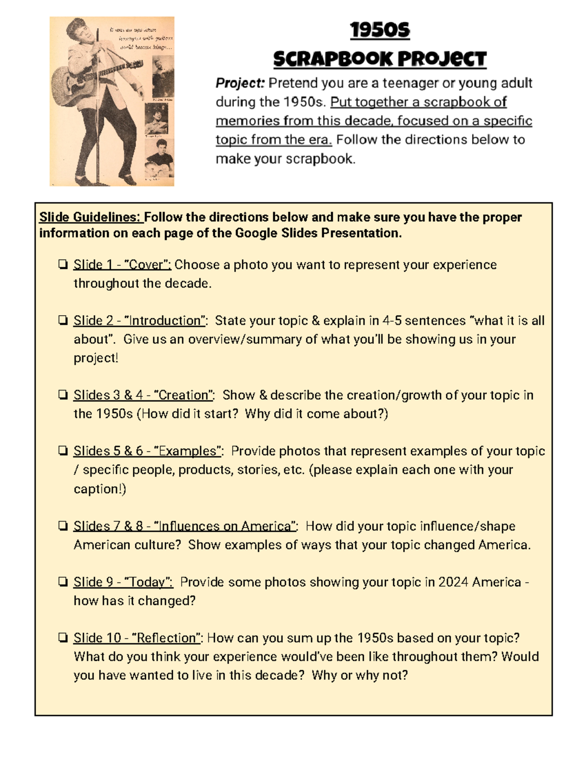 50s Culture - Scrapbook Project directions 1 - Slide Guidelines: Follow ...