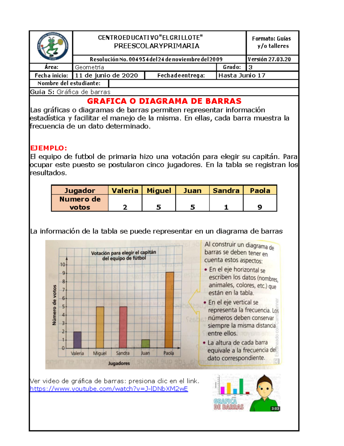 Plan de Clase: Guía 5 sobre Diagramas de Barras para Grado 3 - Studocu