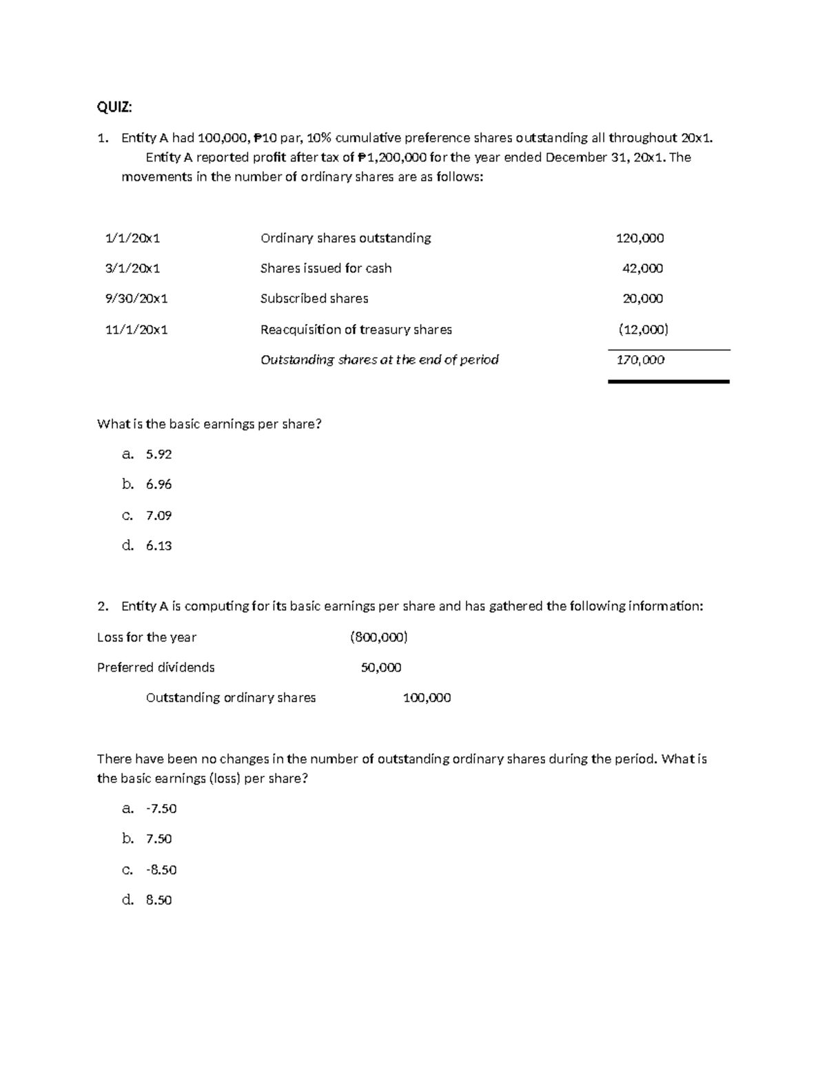 QUIZ: PAS 33-36 - Basic Earnings Per Share Calculations - Studocu
