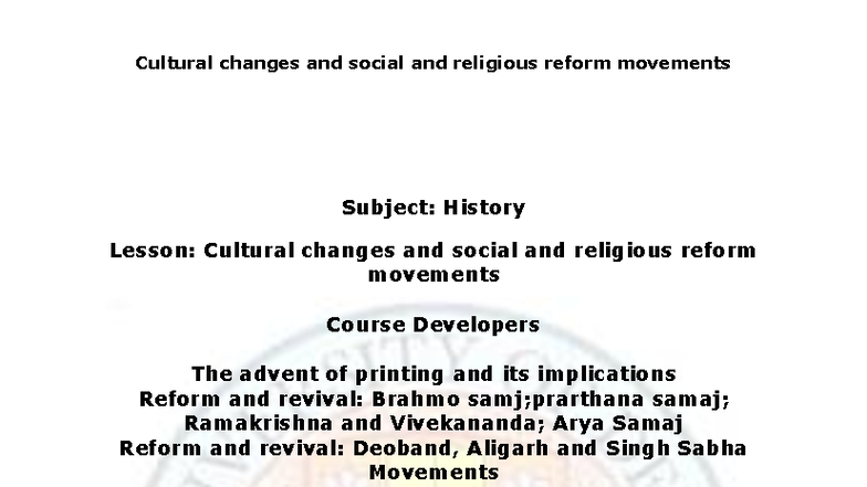 Cultural Changes and Social Reform Movements in History (HIST 101 ...