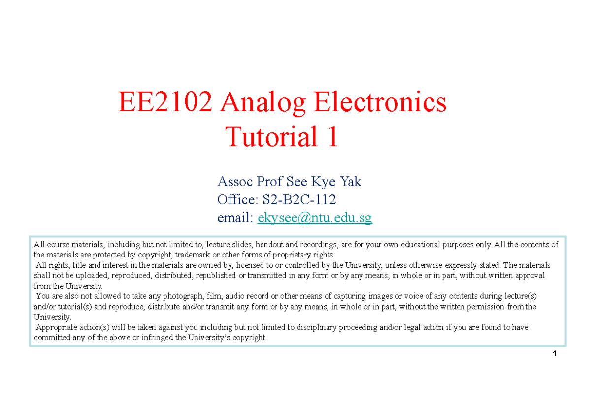EE2102 Tutorial 1: In-Depth Analysis of Analog Electronics Concepts ...