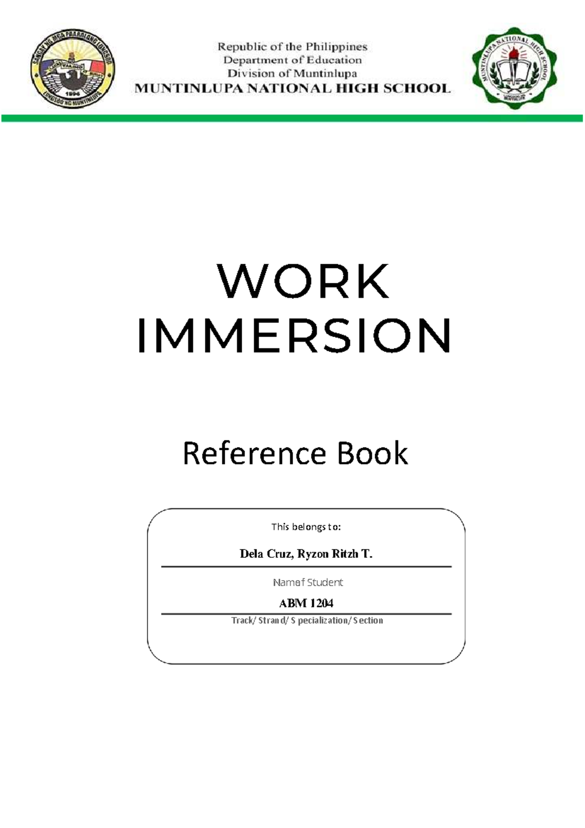 ABM-Work Immersion Portfolio.pdf (2) - WORK IMMERSION Reference Book This belongs to: Nameof ...