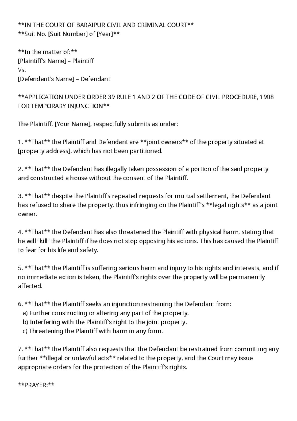 Legal Draft: Plaintiff vs. Defendant - Order 39 Rule 1 & 2 CPC - Studocu