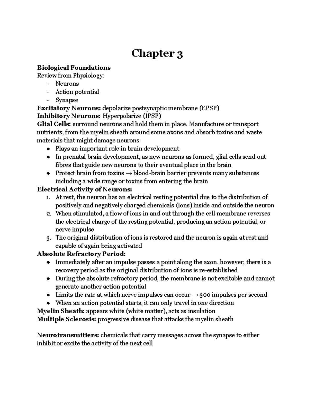 Chapter 3 Psychology - Biological Foundations & Nervous System Notes ...