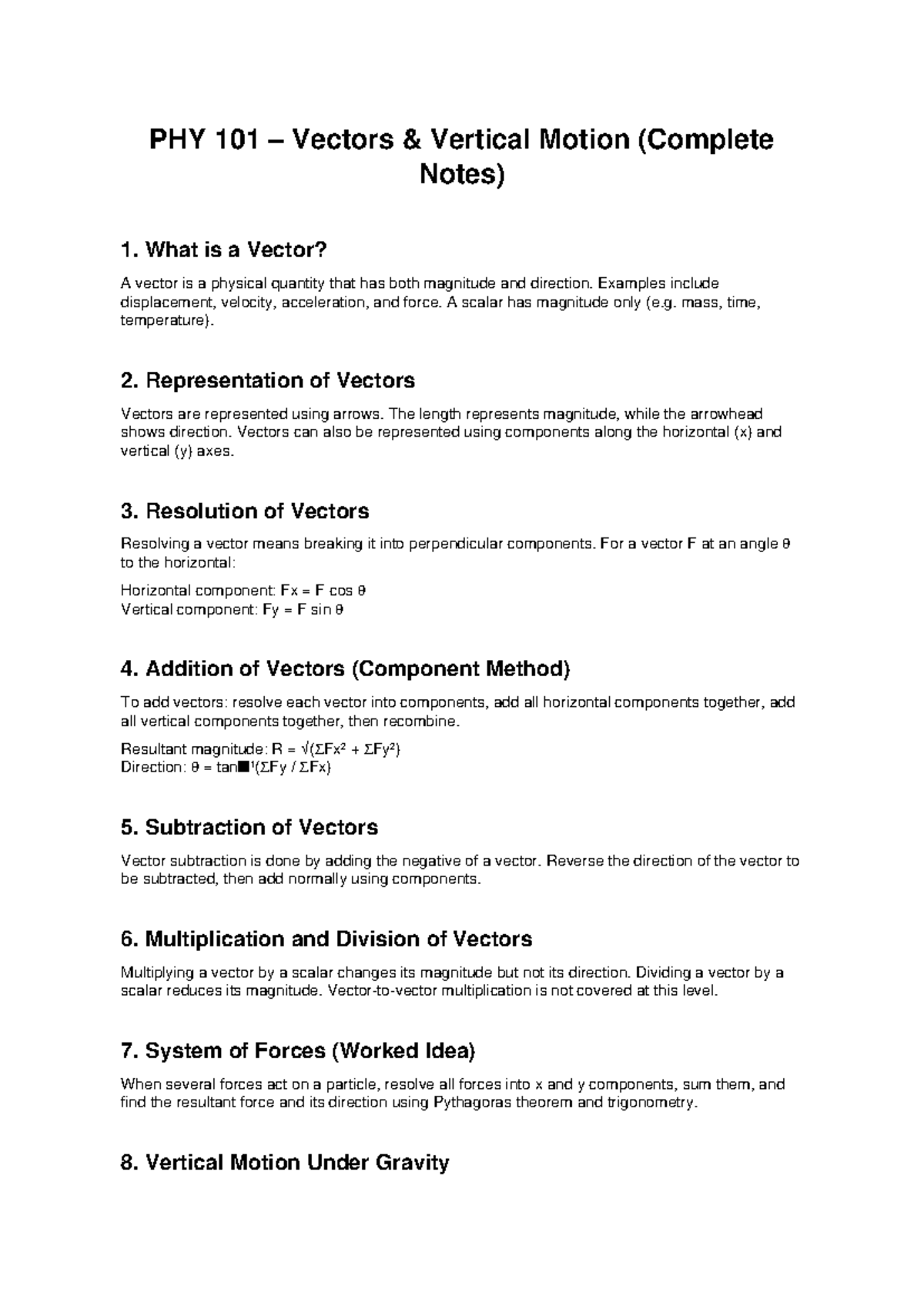 PHY 101 Vectors & Vertical Motion (Complete Study Notes) - Studocu