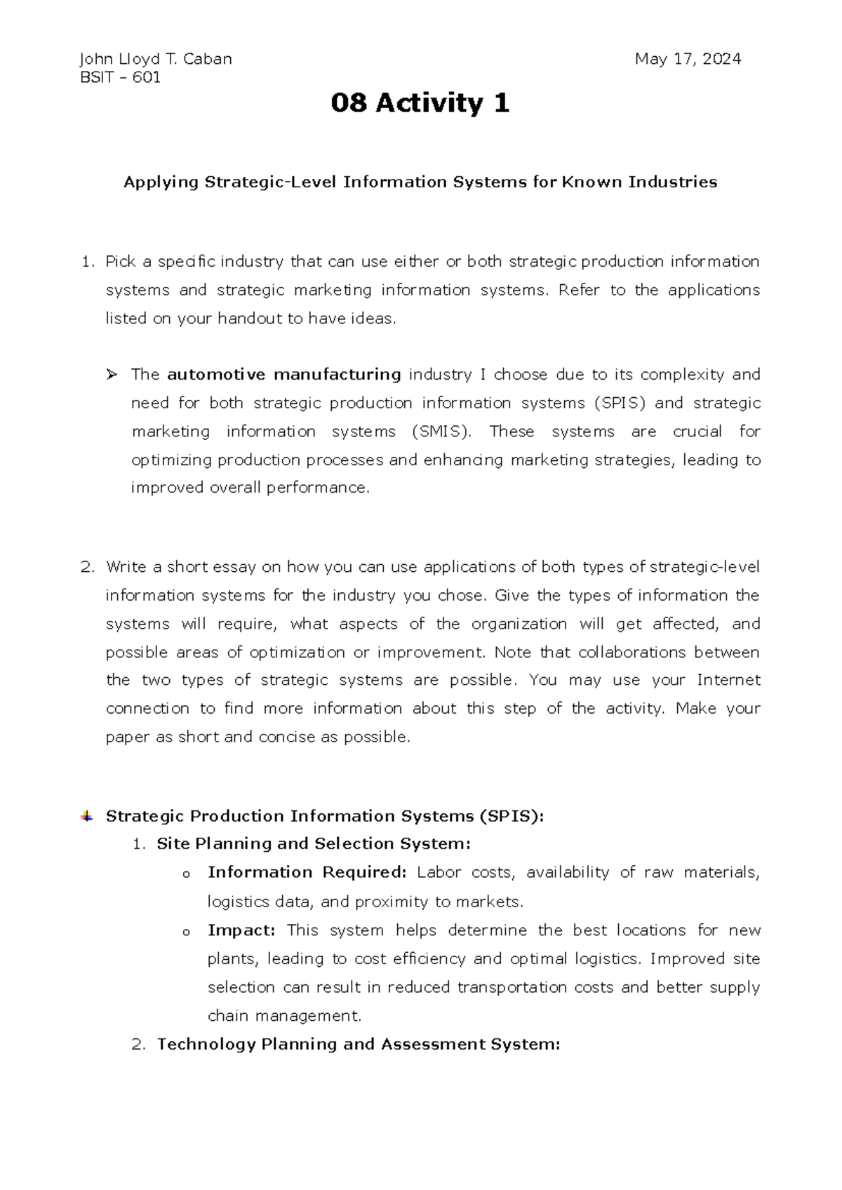 BSIT-601 Final Exam: Strategic-Level Info Systems in Automotive ...