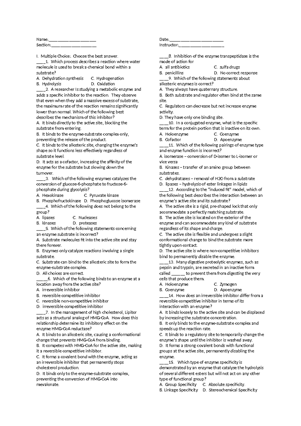 Enzyme Quiz - CHEM111: Multiple Choice Questions on Enzyme Mechanisms ...