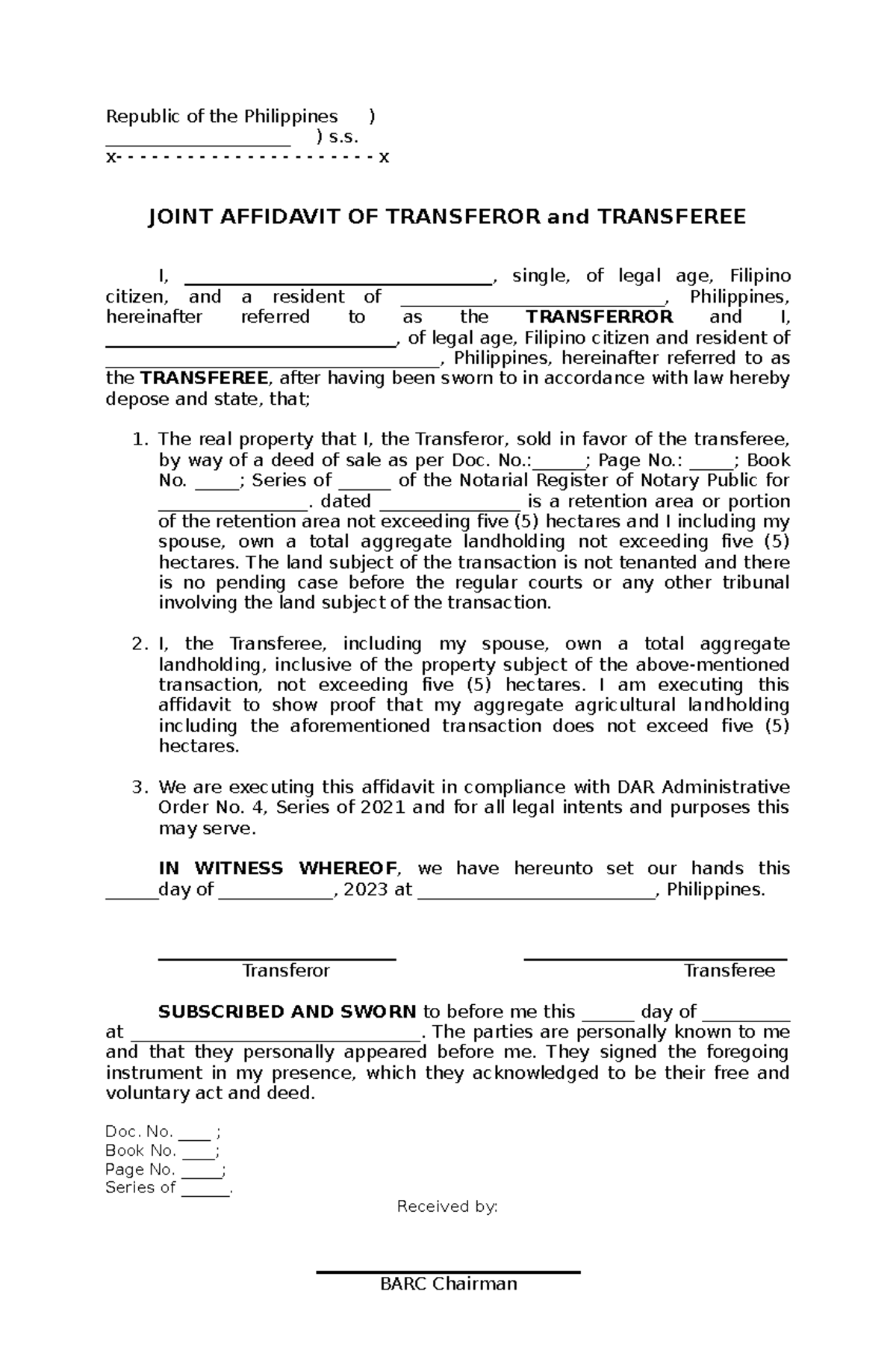 Joint Affidavit of Transferor and Transferee (Sample) - Studocu