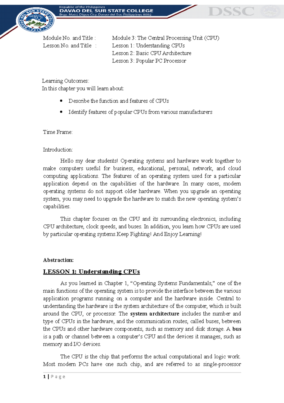 Module 3 - The Central Processing Unit (CPU) - Module No. and Title ...