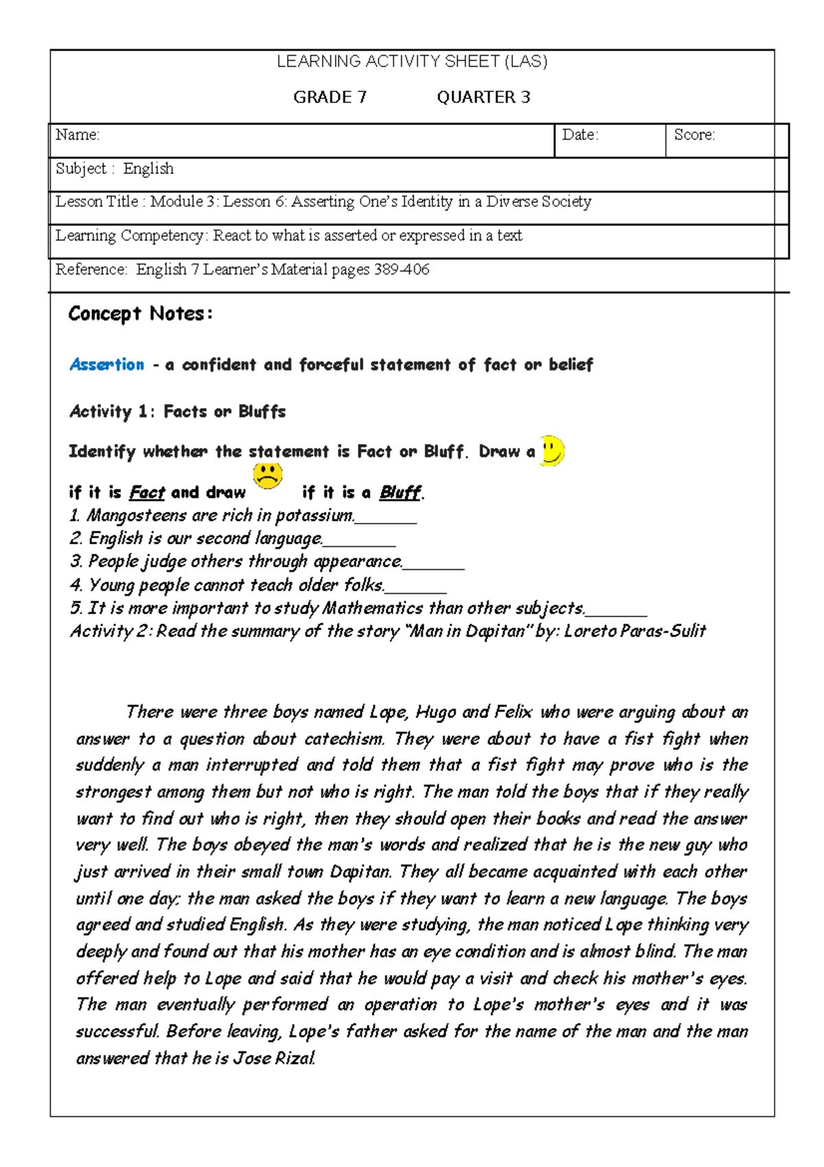 LAS 13: Fact or Bluff - Lesson 6 on Asserting Identity in Diverse ...
