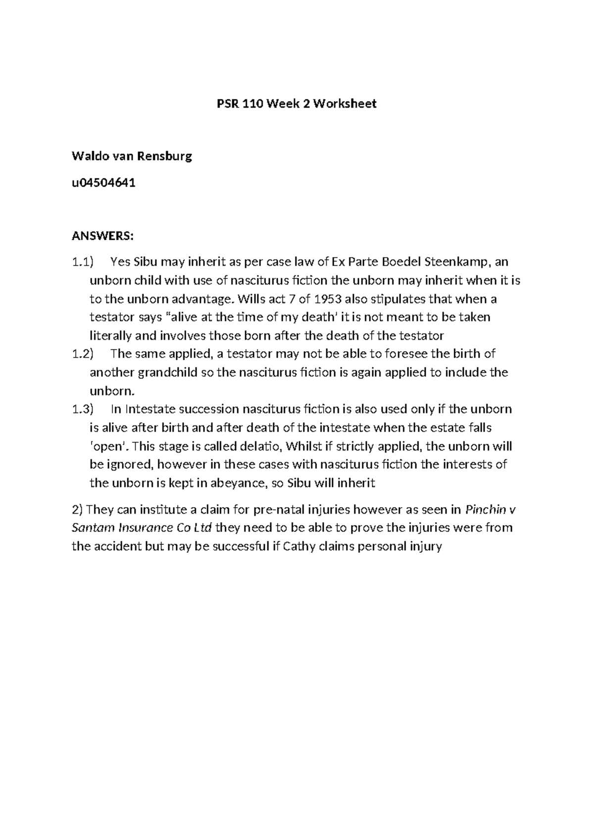PSR 110 Week 2 Worksheet: Inheritance and Nasciturus Fiction Explained ...