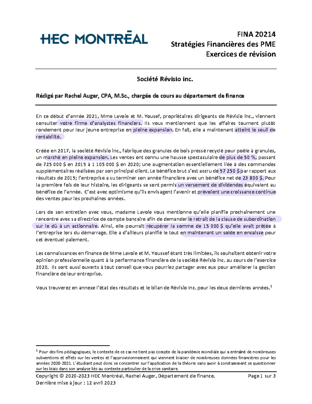 FINA 20214 - Stratégies Financières des PME : Exercices de Révision ...