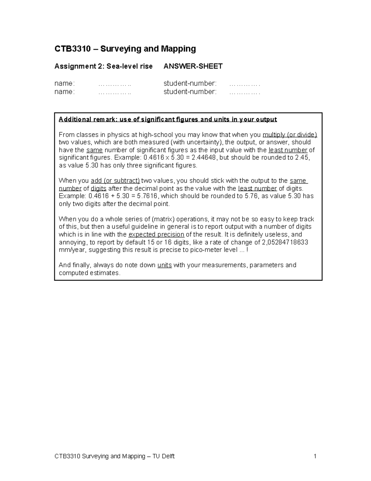 CTB3310 Assignment 2: Answer Sheet for Sea-Level Rise Analysis ...